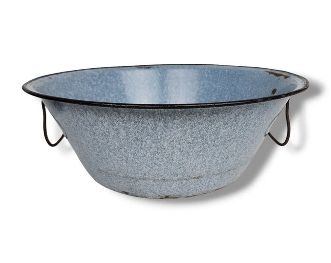Vintage Enamel Wash Basin With Handles Baby Bath Granite Blue Rustic ...