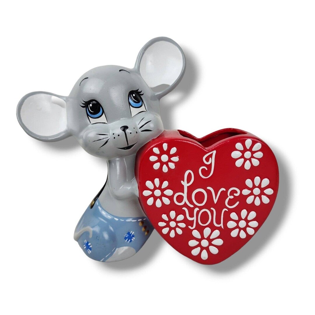 Vintage Valentines Day Vase Blue Eyed Mouse Red Heart I Love You ...