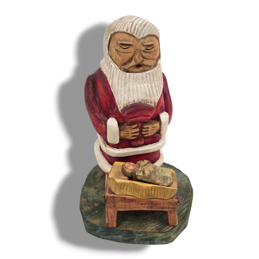 Carved Wooden Santa Claus Praying Baby Jesus Nativity Christmas Hand ...