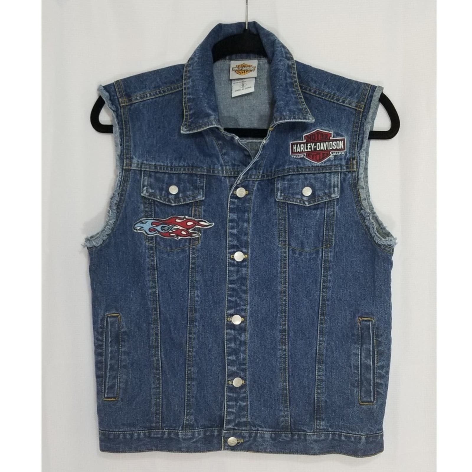 Harley Davidson Denim Vest Motorcycle Riding Collared Sleeveless Shirt ...