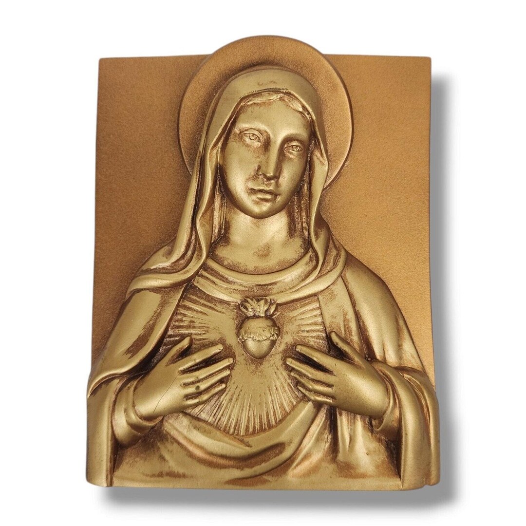 Vintage Chalkware Heart of Mary Gold 3D Wall Hanging Plaque Holy ...