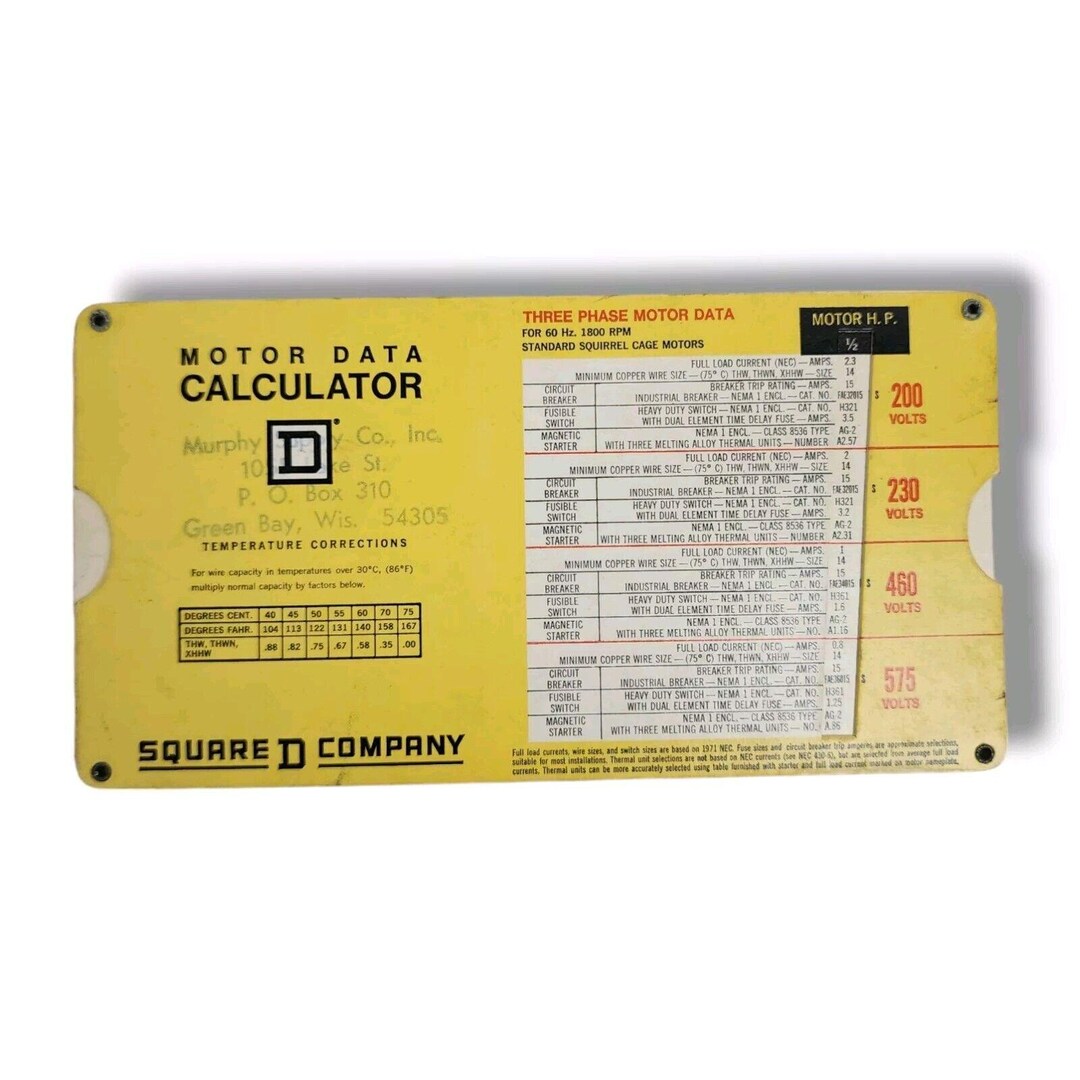 Square D Company Motor Data Calculator Slide Rule 1978 3 Phase 60 Hz ...