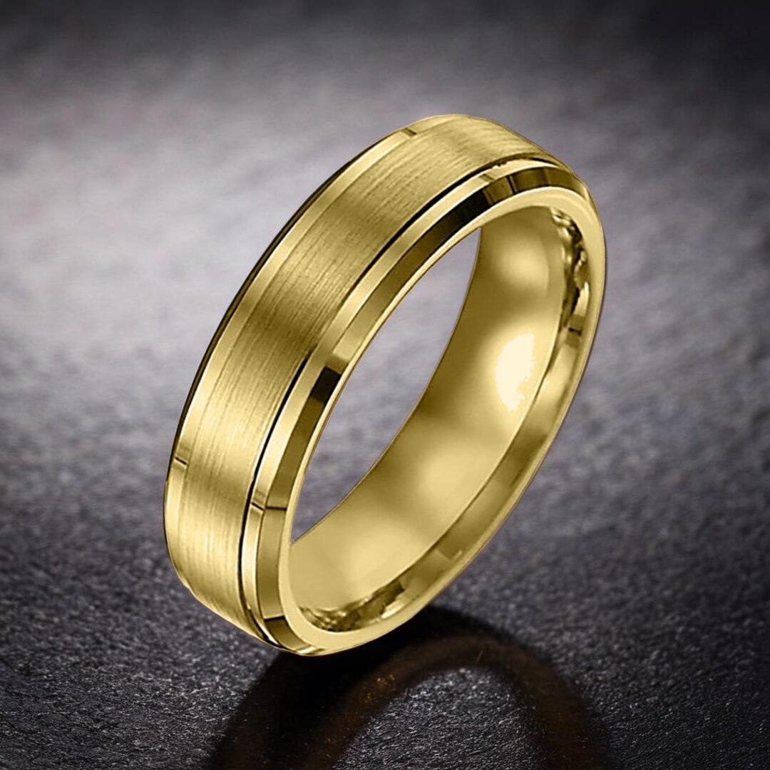 Flat Brush Two Step Beveled Edges Ring, Classic Gold Wedding Band 6MM ...