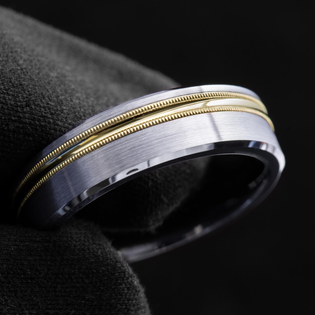 Men's Concave Milgrain Design off Center Wedding Band, Brushed Tungsten ...