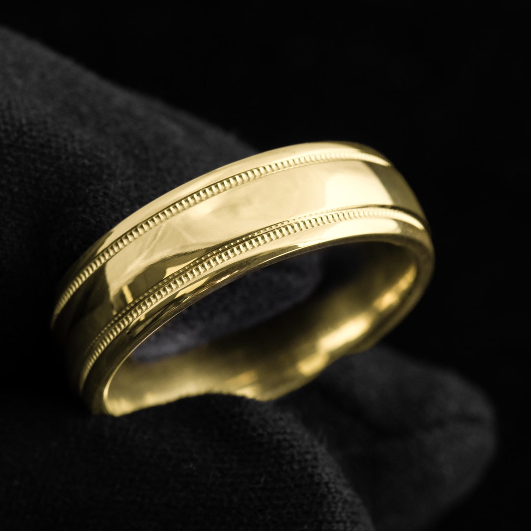 Polished Dome Milgrain Wedding Ring, Classic Gold Wedding Band 6MM, Men ...