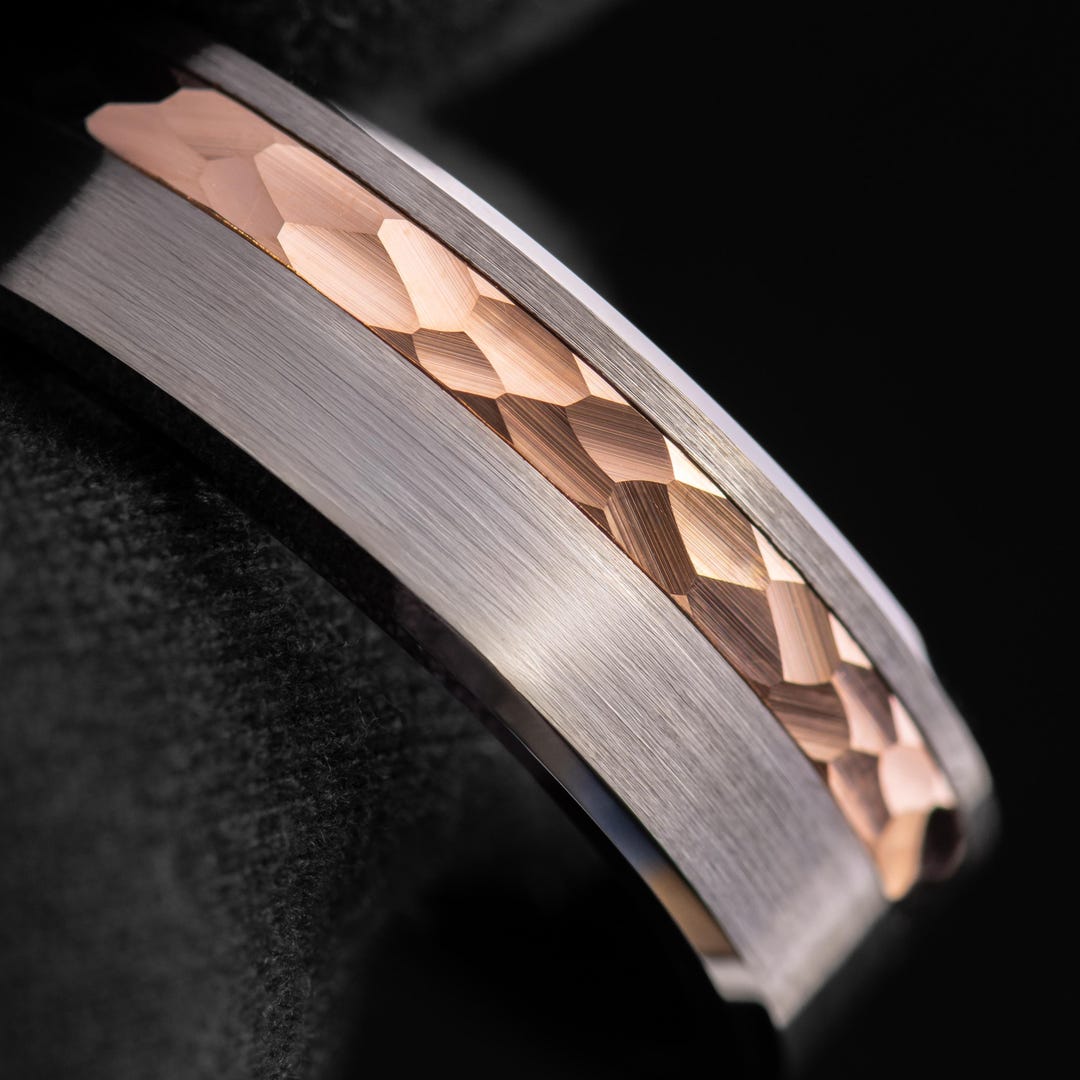 Men's Matte Hammer Cut Off-center Wedding Band, Brushed Tungsten White ...