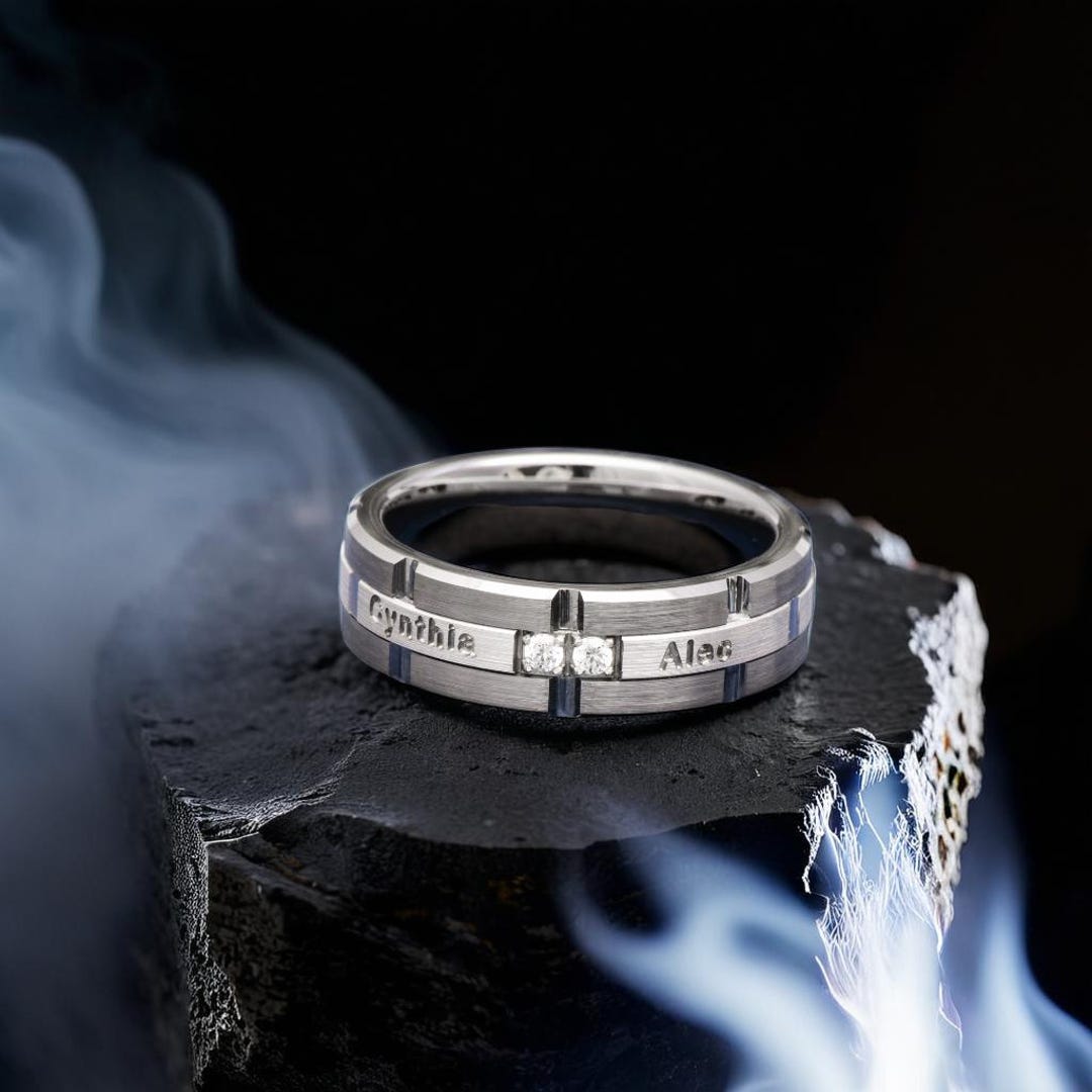 Men's Family Ring With Birthstones and Name Engraved, Custom Tungsten ...