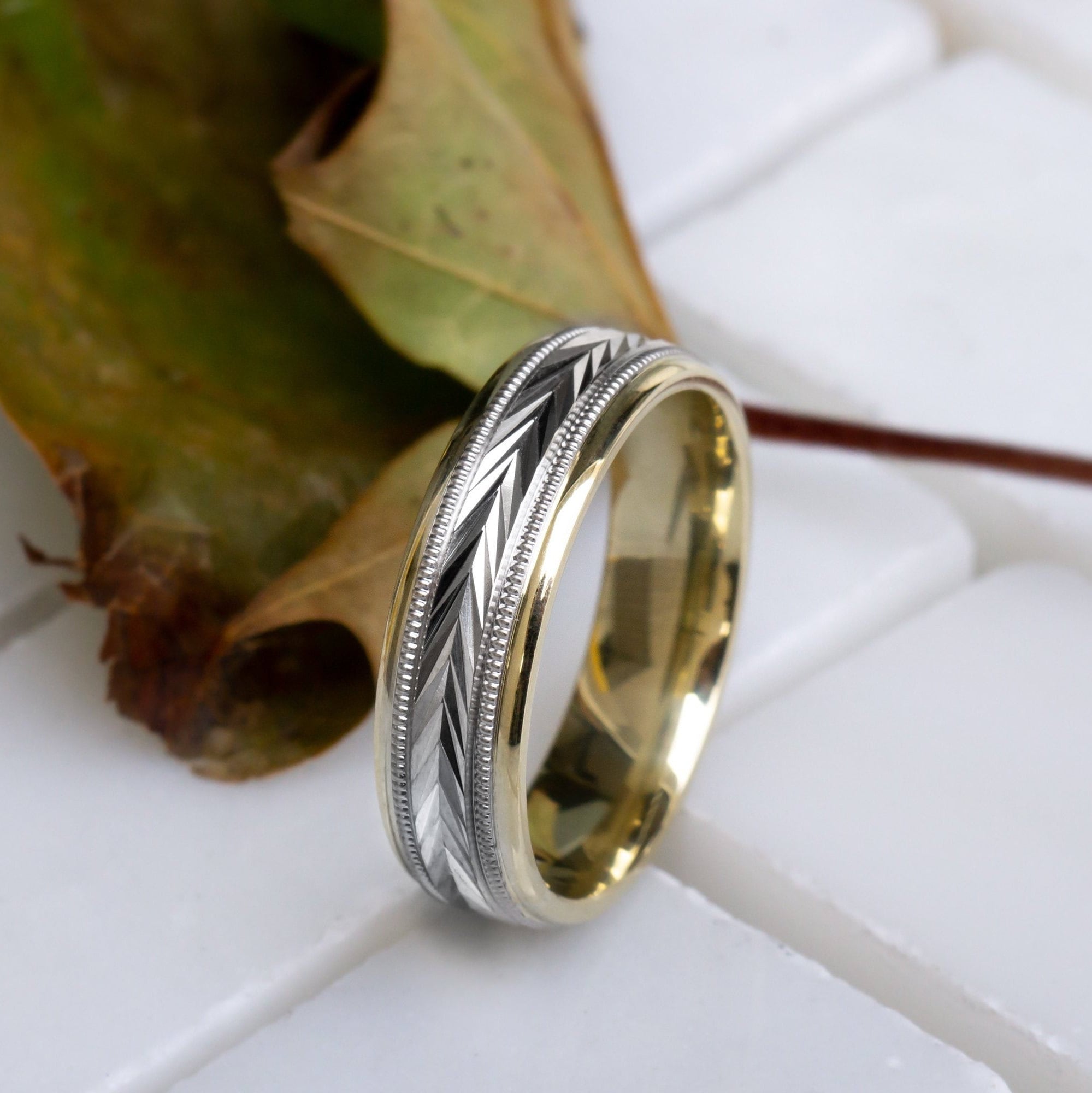 Men’s Solid Two Tone Yellow White Gold Harvest of Love Wedding Band in ...