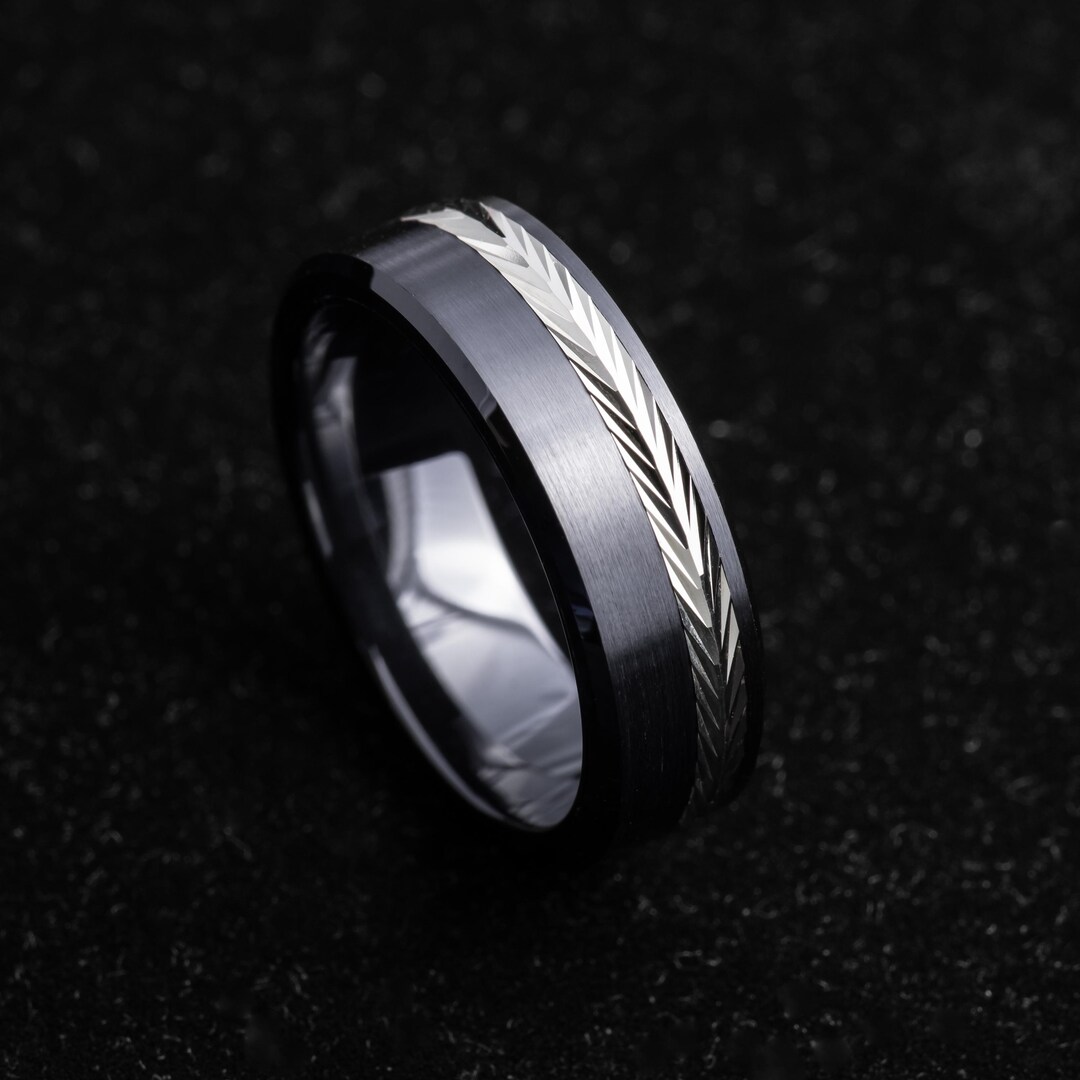 Classic V Pattern Black Ceramic Wedding Band, Silver Inlay, Off-center ...