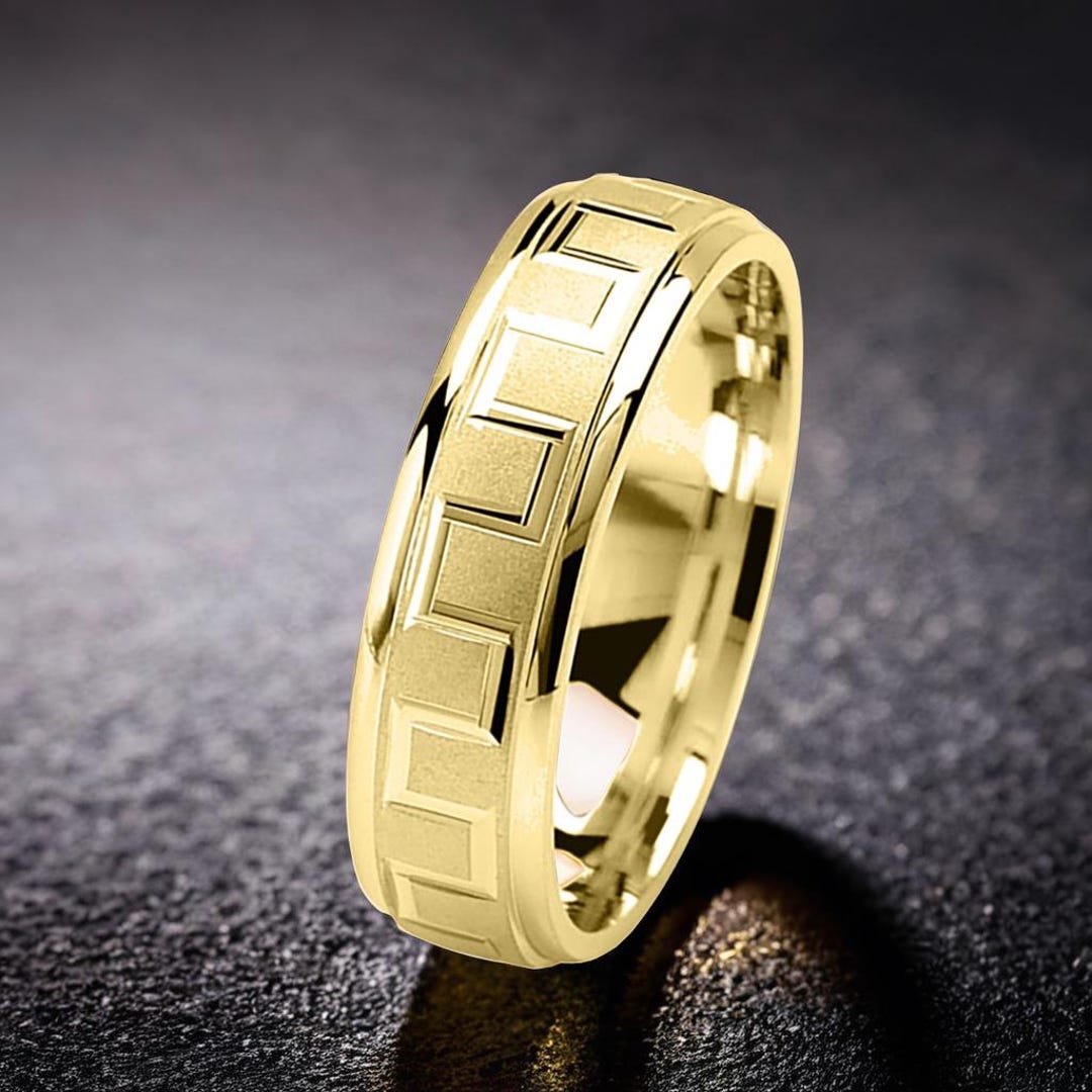 Dome Sandblast Greek Pattern Ring, Classic Gold Wedding Band 6MM, Men’s ...