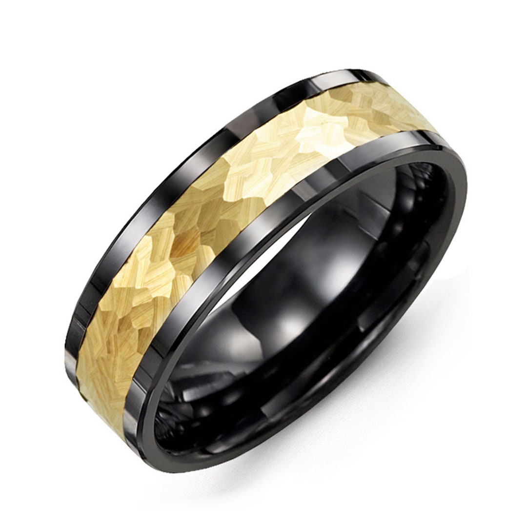 Men's Black Ceramic Wedding Band With Hammer Effect Yellow Gold Custom ...