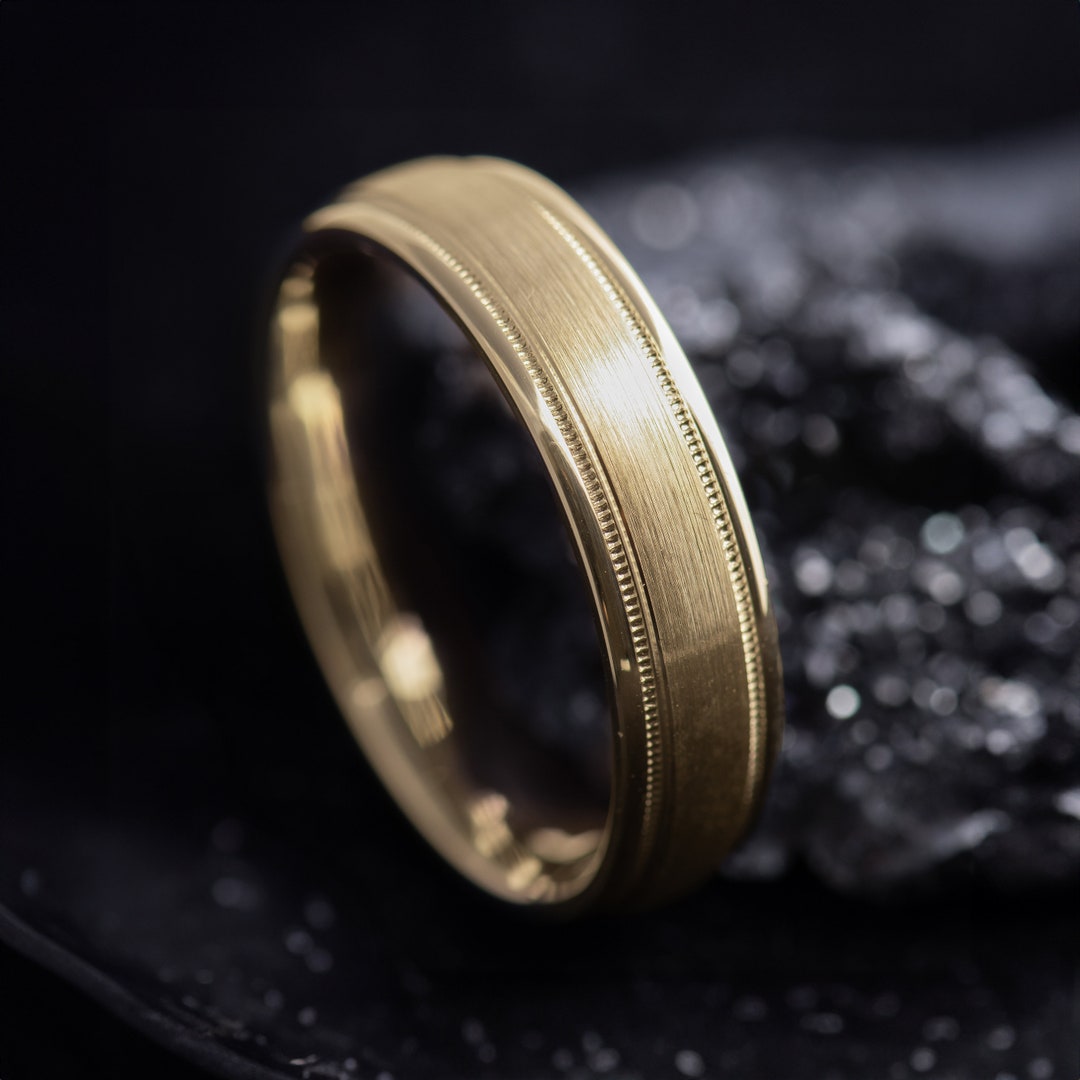 Dome Brush Milgrain Edges Wedding Ring, Classic Gold Wedding Band 6MM ...