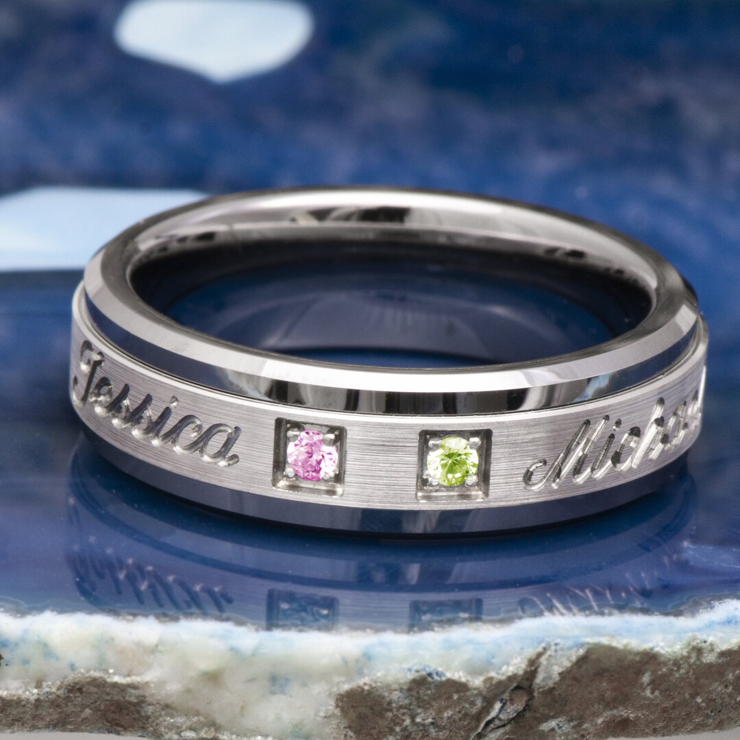 Family Ring Gemstone, Name Engraved Tungsten Silver Ring, Family ...