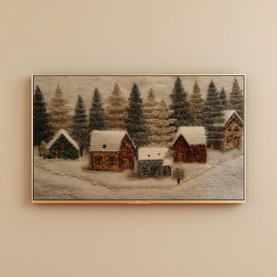 Felted Snowy Hillside Christmas Village Frame TV Art Embroidered Yarn ...