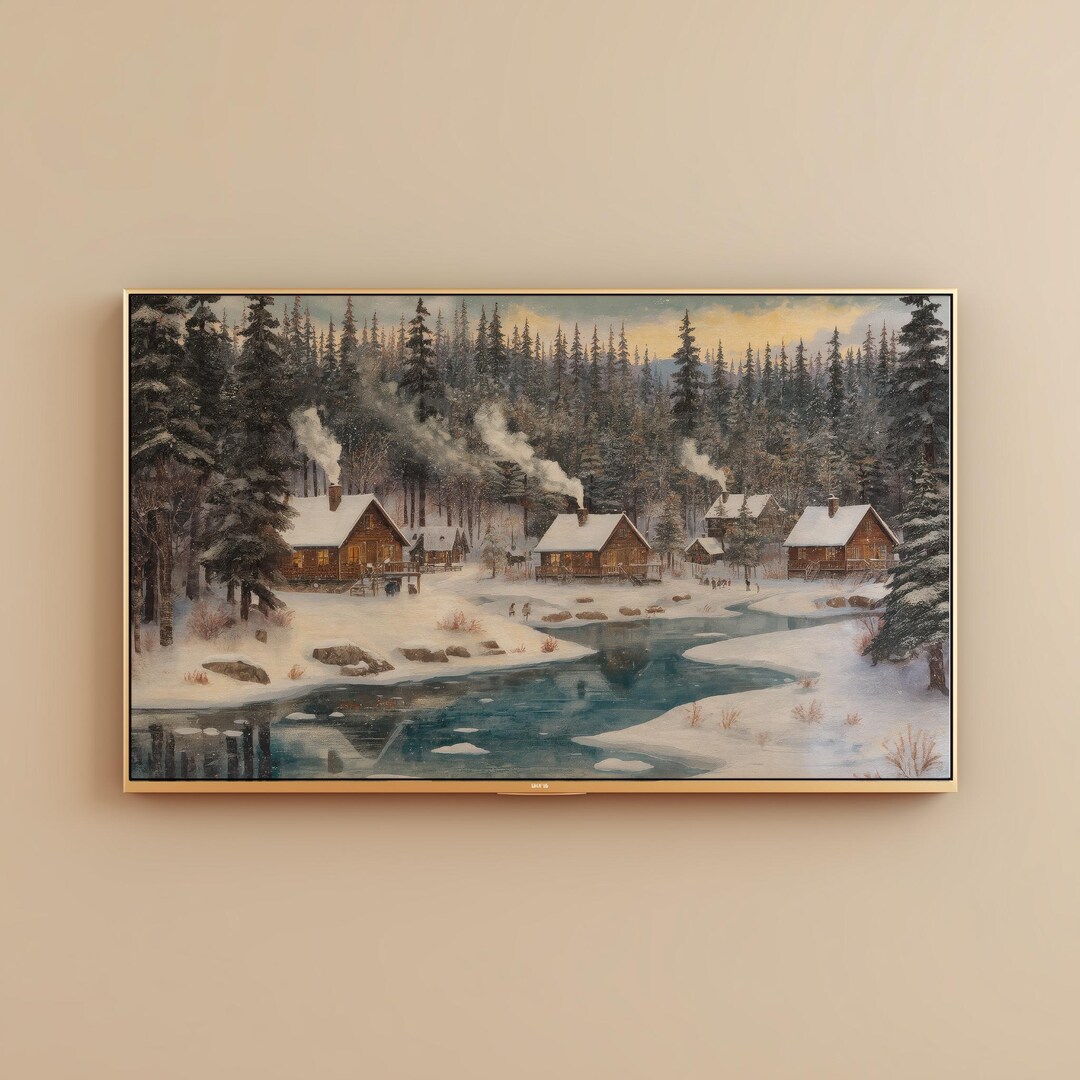 Felted Christmas Village Frame TV Art Neutral Embroidered Snowy Cottage ...