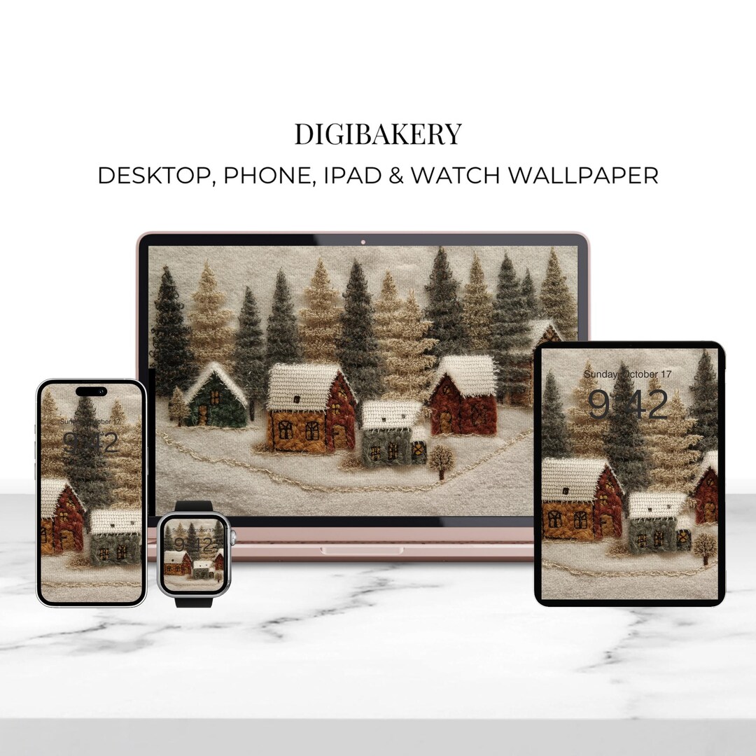 Felt Snow Village Wallpaper – Rustic Christmas Cottages Among Pine ...
