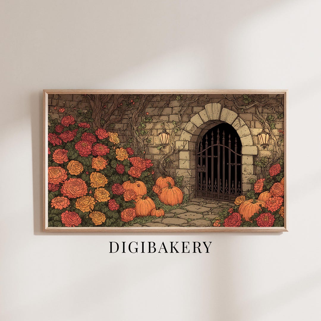 Spooky Halloween Frame TV Art, Rustic Stone Gateway Autumn Flowers ...