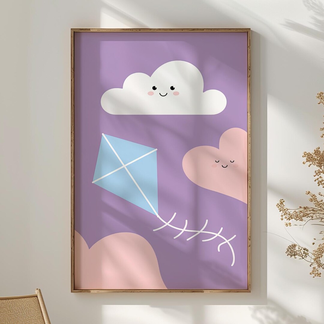 Kite and Clouds Printable Wall Art - Cute Pastel Sky Scene With Smiling ...