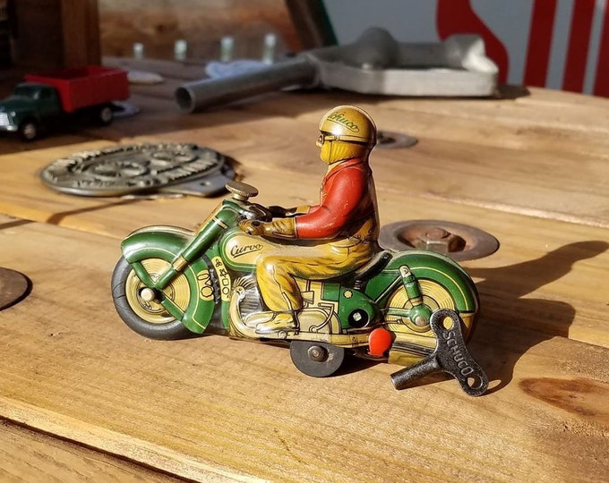 Antique Schuco Curvo 1000 Green Tin Motorcycle Toy - Wind up With ...