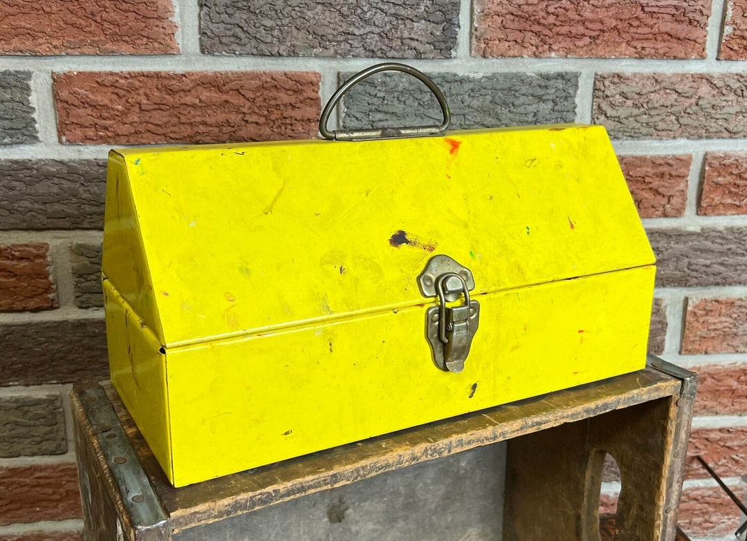Vintage Industrial Metal Toolbox - Yellow - Antique Work Tackle Box ...