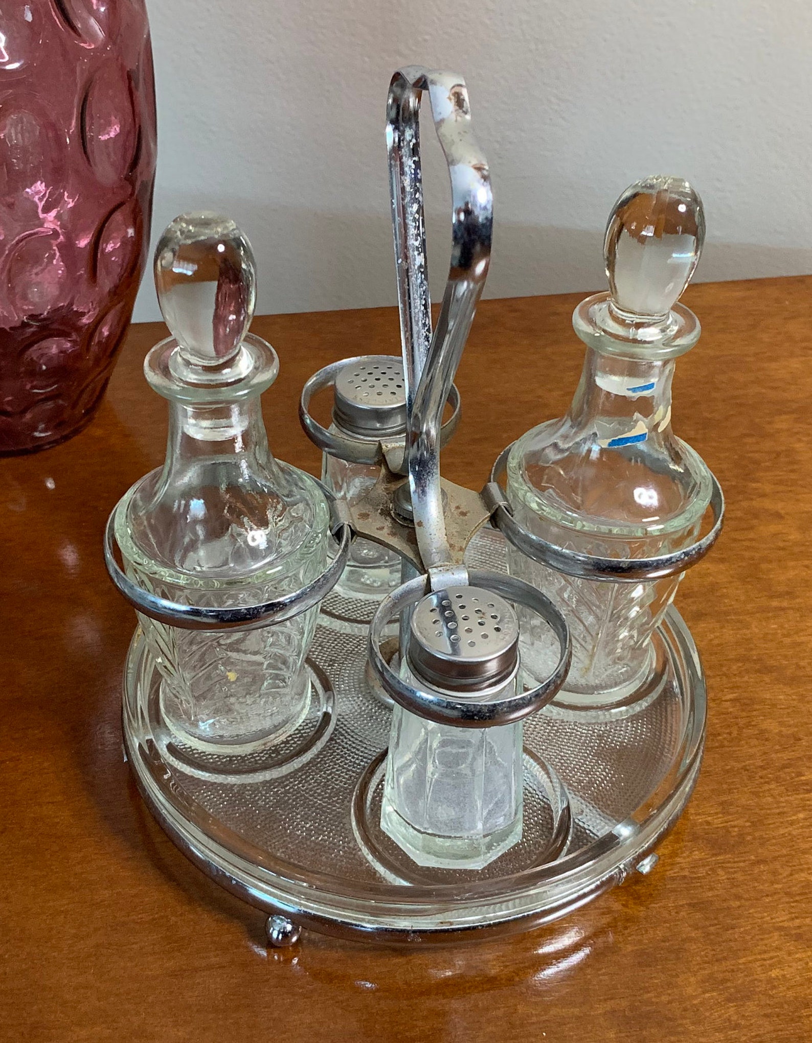 Vintage Condiment Caddy Cruet Chrome Stainless Steel and Glass Server ...