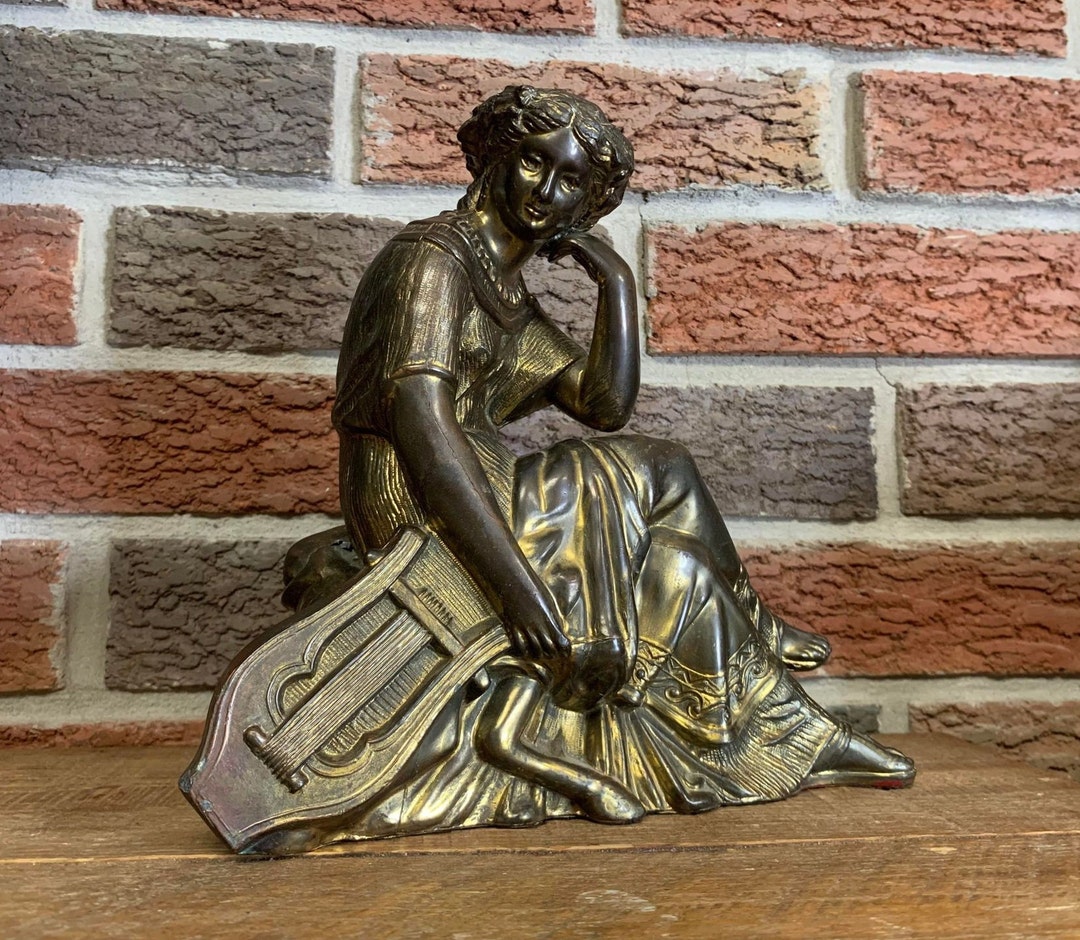 Antique Victorian Clock Topper - Spelter Statue - Woman With Harp ...