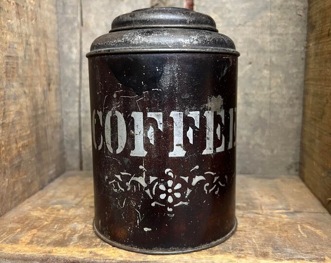 Antique Metal Coffee Tin Container - Hinged Top Lid - Rustic Industrial ...