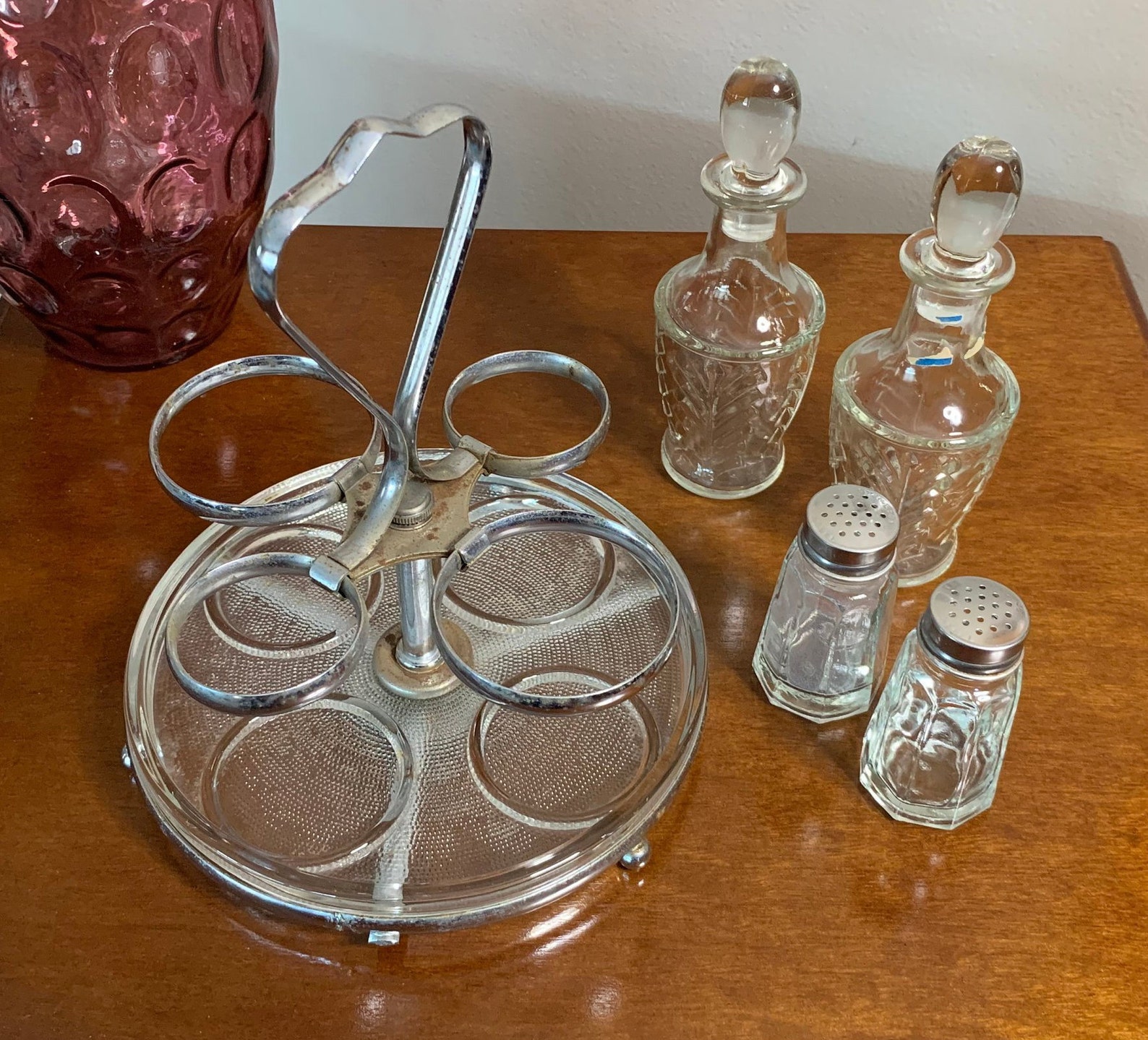 Vintage Condiment Caddy Cruet Chrome Stainless Steel and Glass Server ...