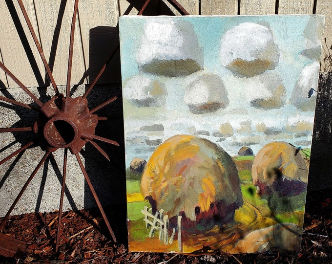 Montana Haystacks Scenic Original Oil Painting Large White Puffy Clouds ...