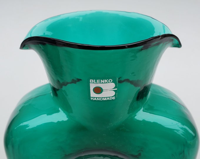 Blenko Art Glass Emerald Green Water Pitcher Double Spout Mid Century ...