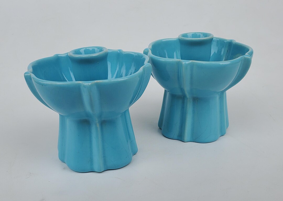 Catalina Island Pottery Starlight Pattern Candleholder Set - Shape 606 - Glossy Light Blue Glaze ...
