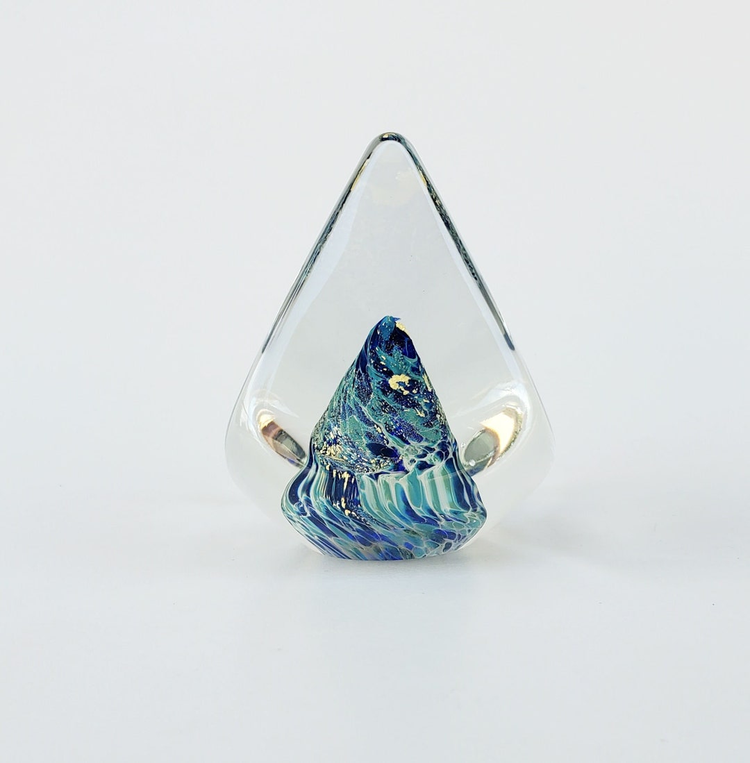 Michael J Reid Art Glass Pyramid Design Paperweight - Blue and Gold ...