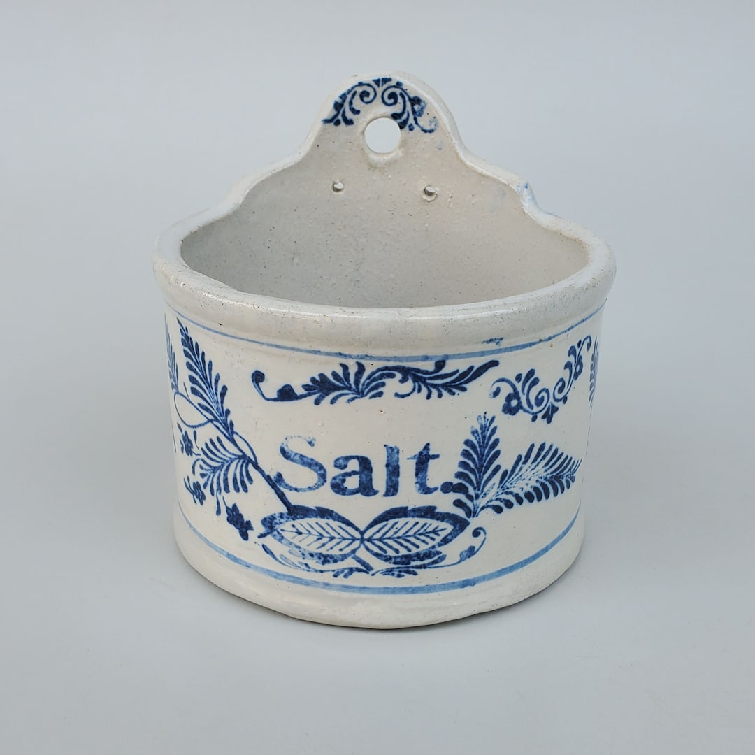 Antique German Stoneware Salt Cellar - Blue Floral Decoration - Wall ...