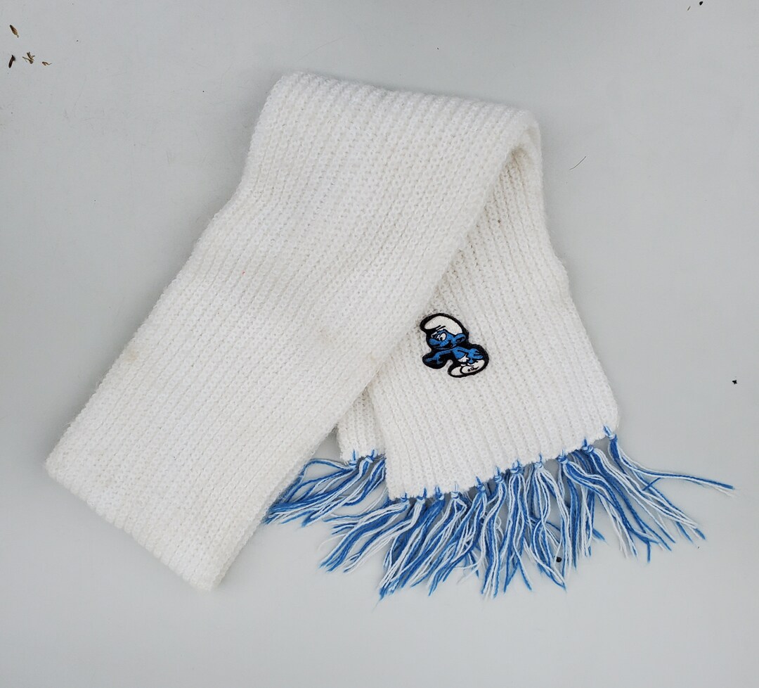 Vintage Smurf White Knit Scarf - Blue and White Fringe - Embroidered ...