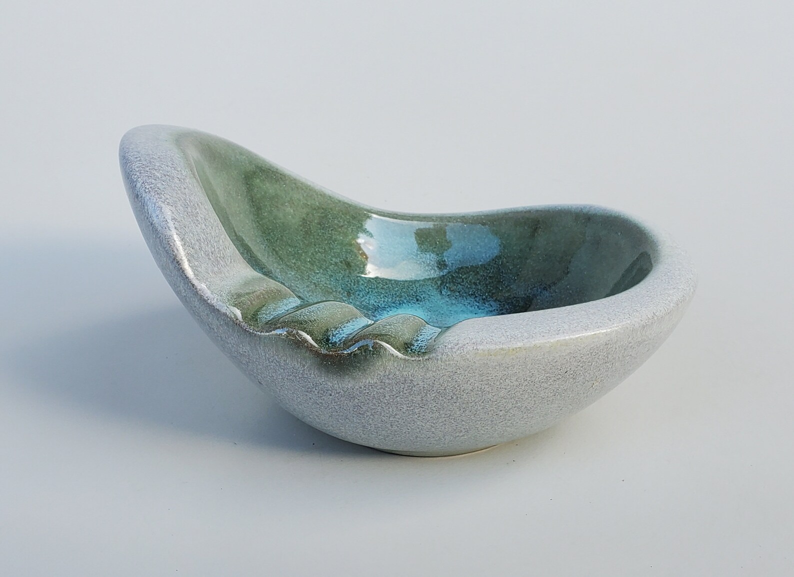 Mid Century Era Biomorphic Ceramic Ashtray - Gray Glaze With Green ...