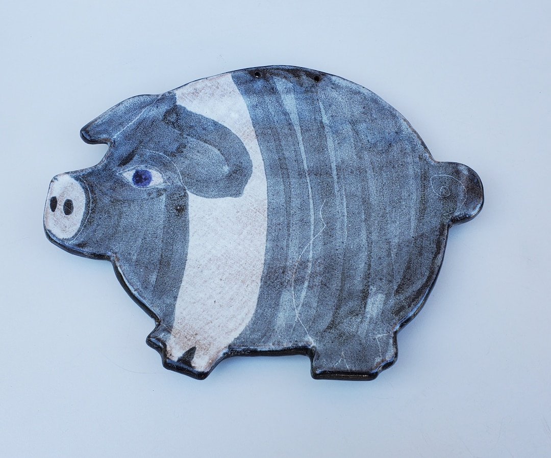 Lorene Spencer Northwest Studio Pottery Pig Wall Art Tile - Black and ...