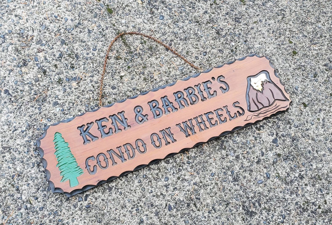 Vintage Wooden Ken and Barbie Condo in Wheels Sign - Scenic Tree Design ...