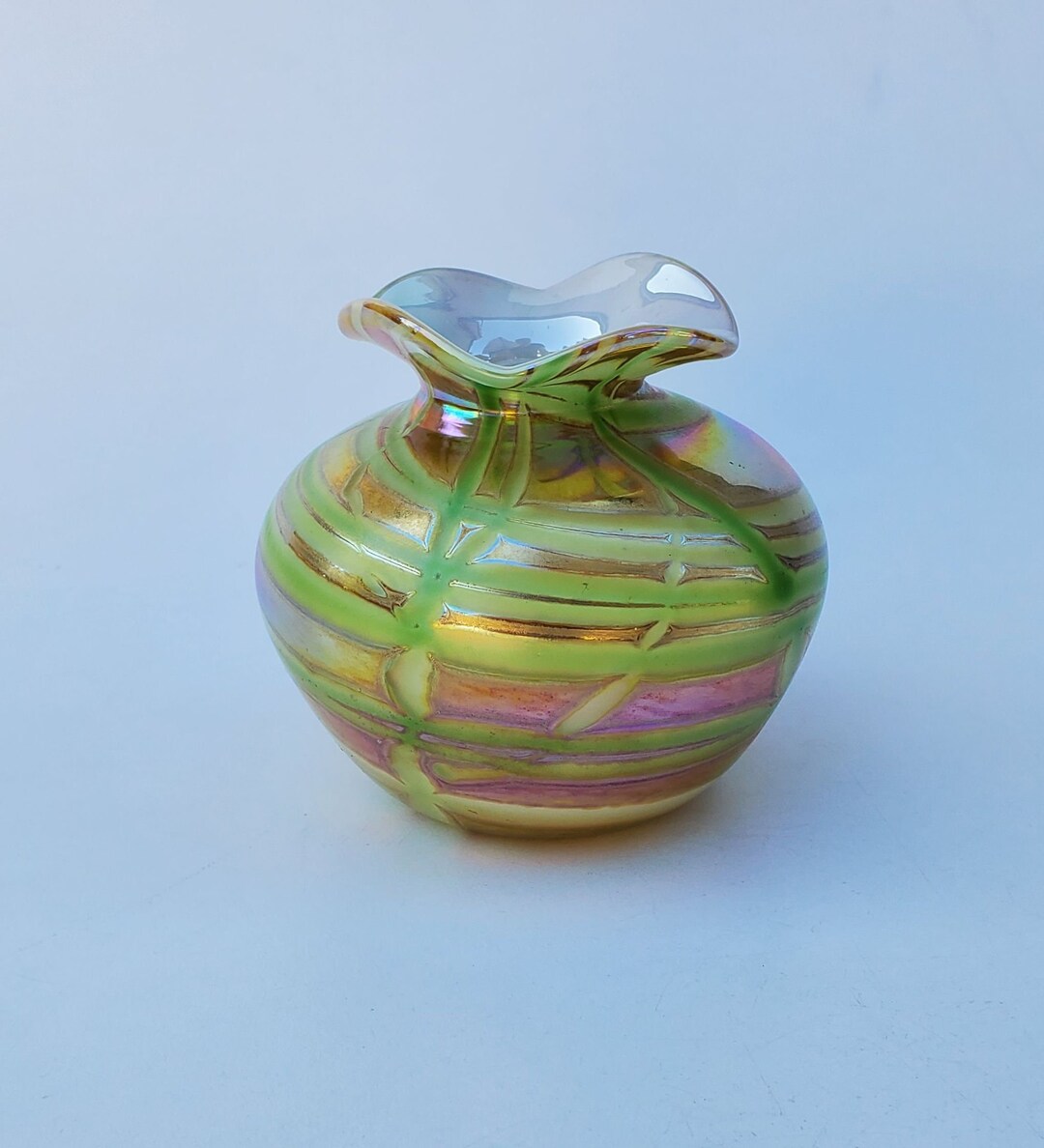 Stephen Fellerman Studio Art Glass Vase - Iridescent Gold With Green ...