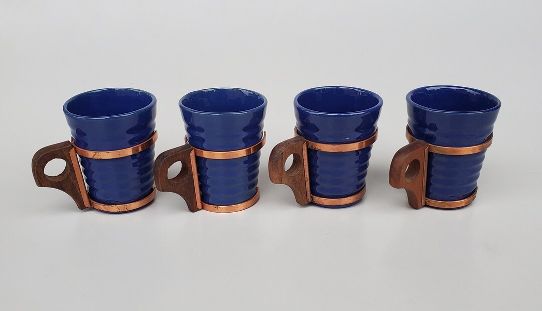 Bauer Pottery Ringware - Set of 4 Blue Wooden Handled Cups - 6 Ounces ...