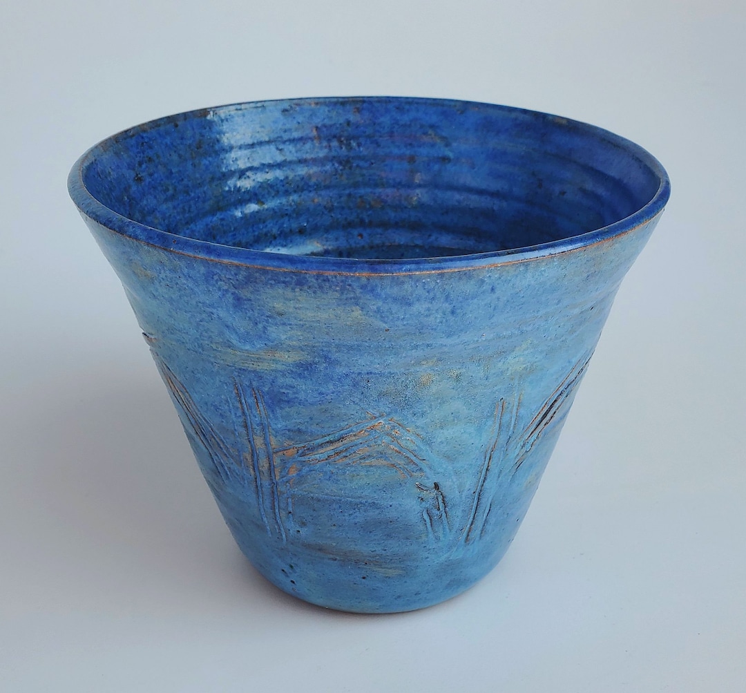 Dorothy Jervis - Blue Studio Pottery Vase - Flared Vase Form - Carved ...