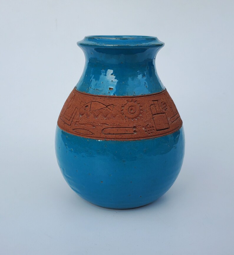 Italian Bitossi Blue Pottery Vase Stamped FISH and JUG - Etsy