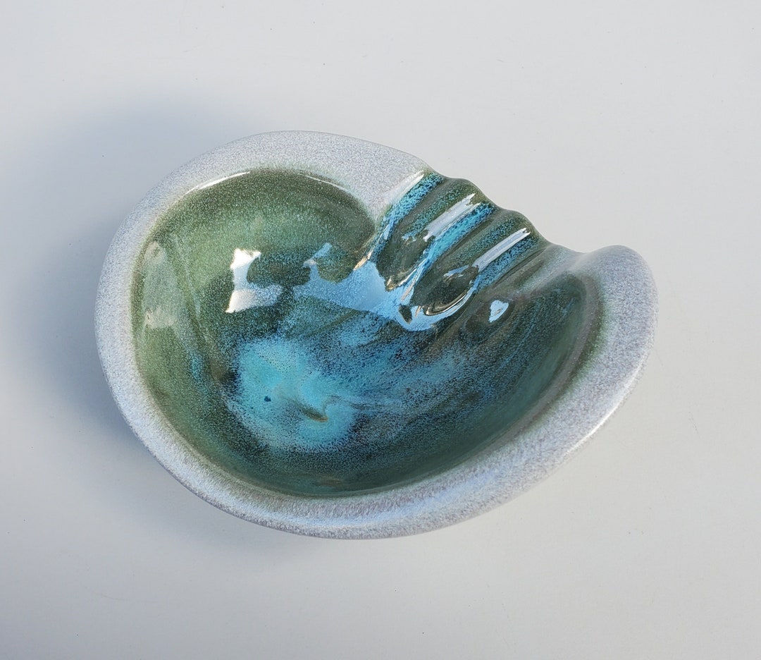 Mid Century Era Biomorphic Ceramic Ashtray - Gray Glaze With Green ...