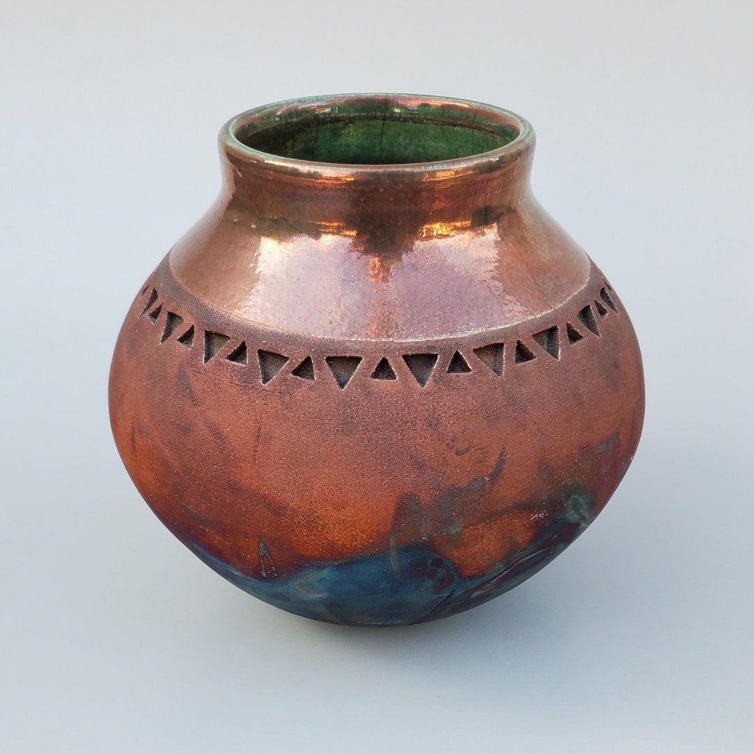 John Melkonian Raku Fired Art Pottery Vase Hand Carved Triangular ...