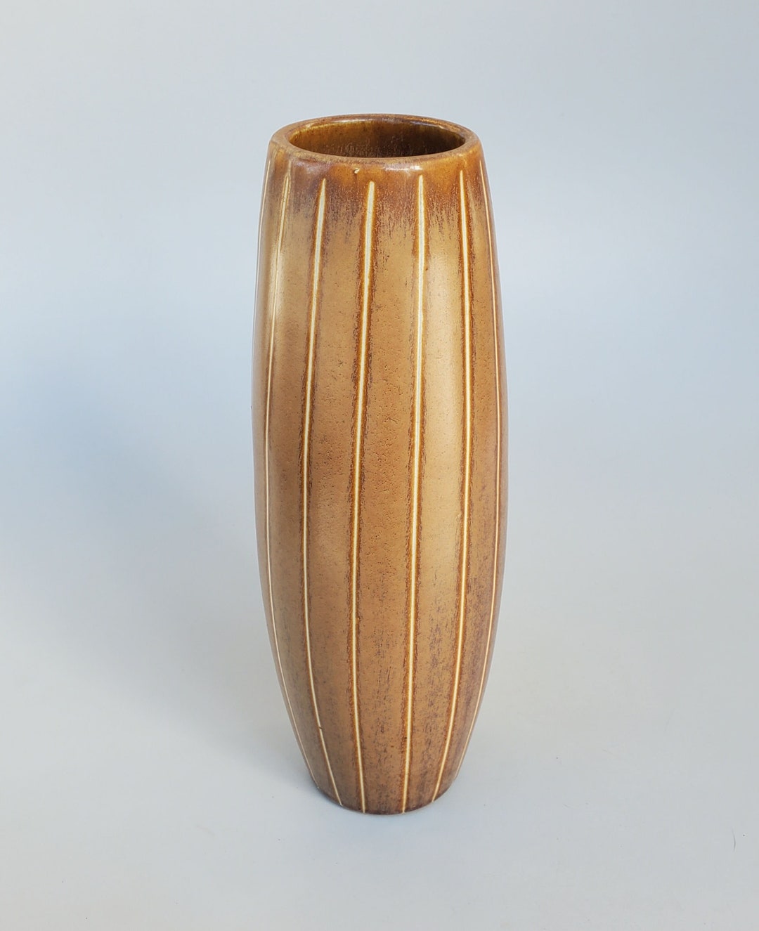 Vintage Japanese Vertical Linear Design Tall Cylindrical Pottery Vase ...
