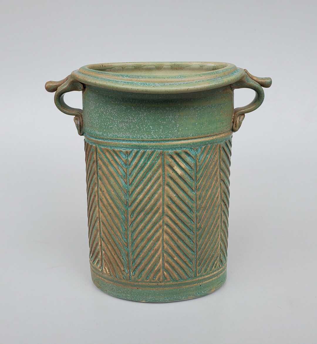Jim Simister Studio Pottery Handled Vase - Carved Diagonal Surface ...