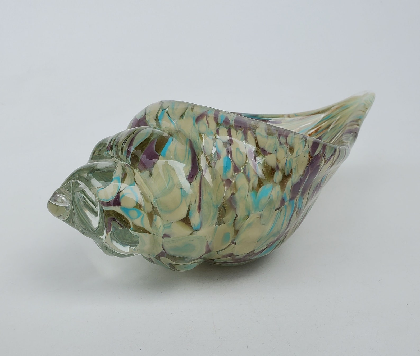 Hand Blown Art Glass Conch Shell White and Blue Confetti - Etsy