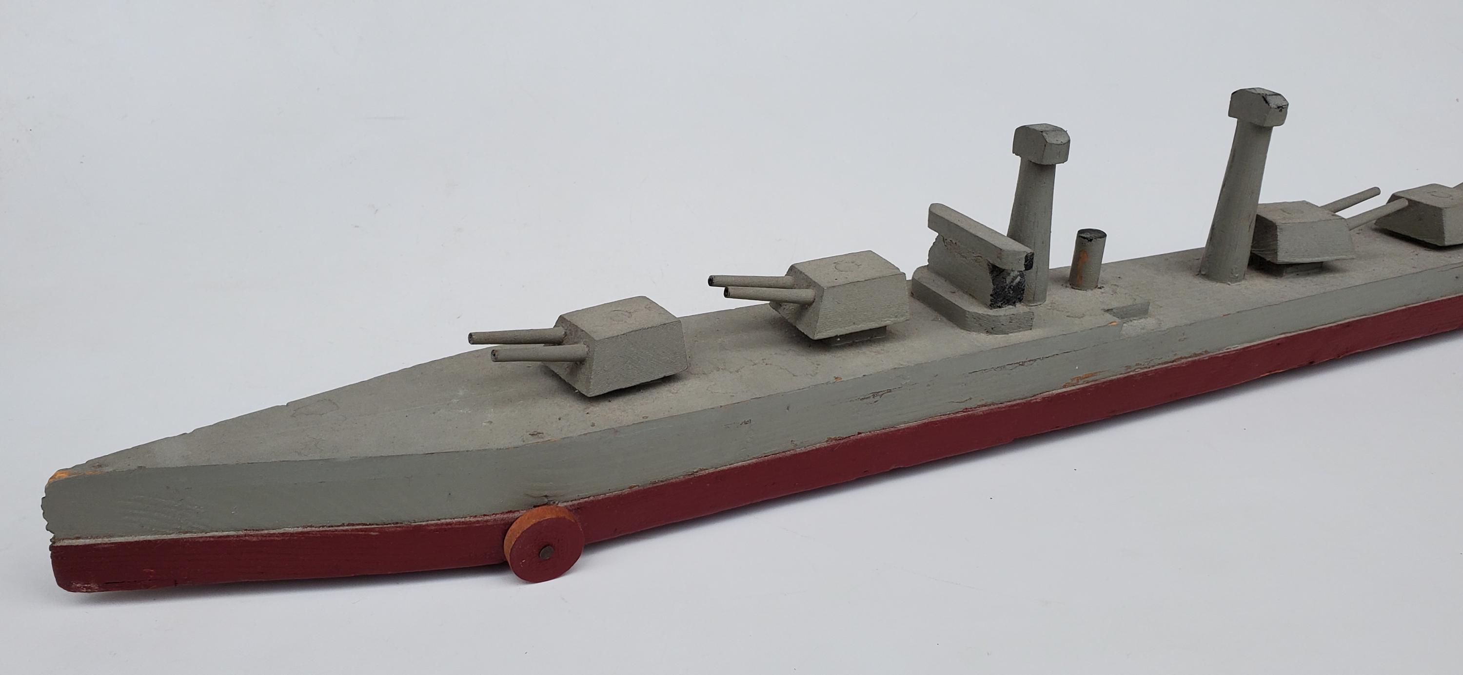 Antique Wooden Battleship Toy on Wheels - Rotating Turrets - 1940's Era ...