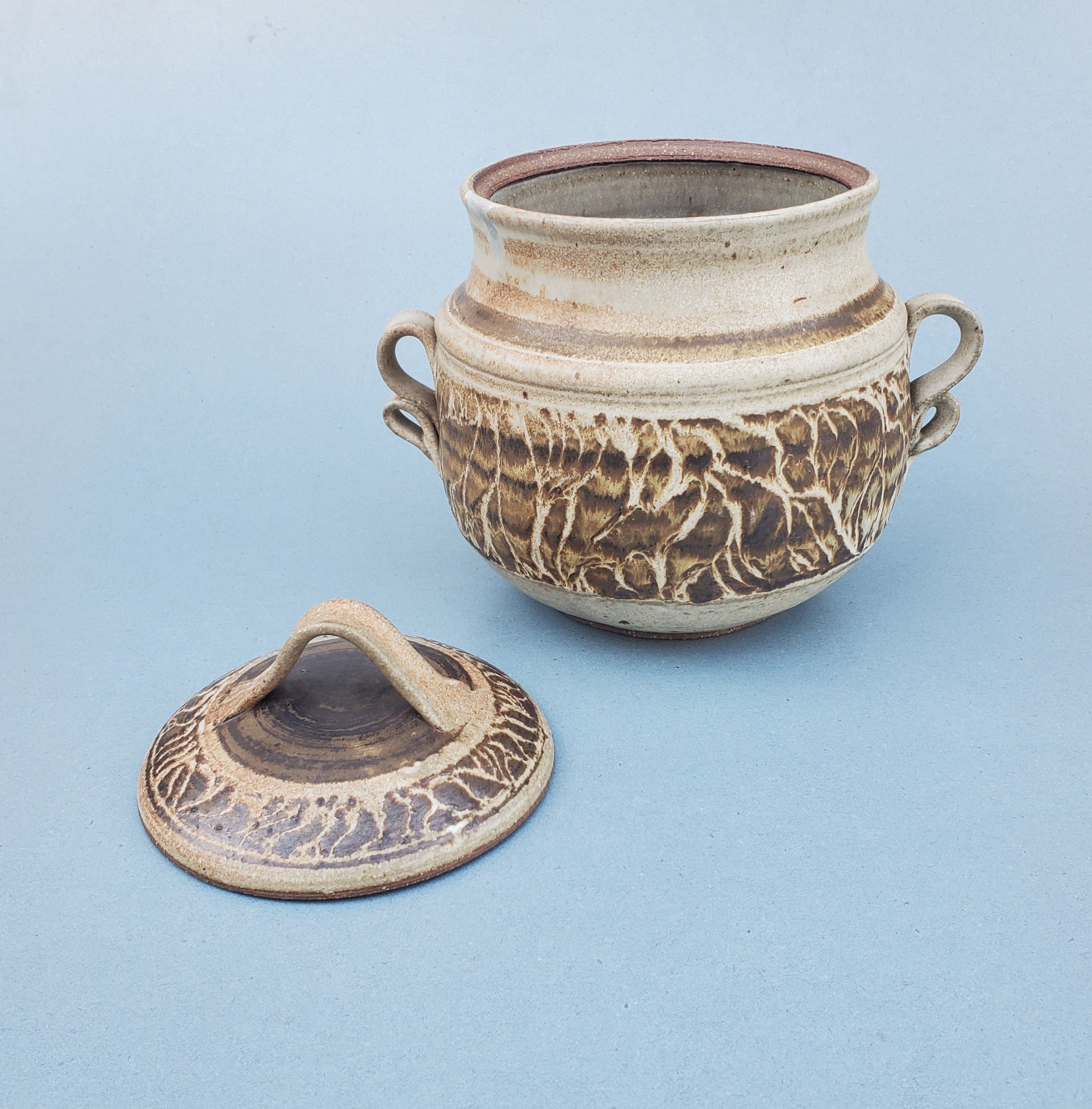 Mid Century Era Studio Pottery Large Covered Bowl - Two Large Loop ...