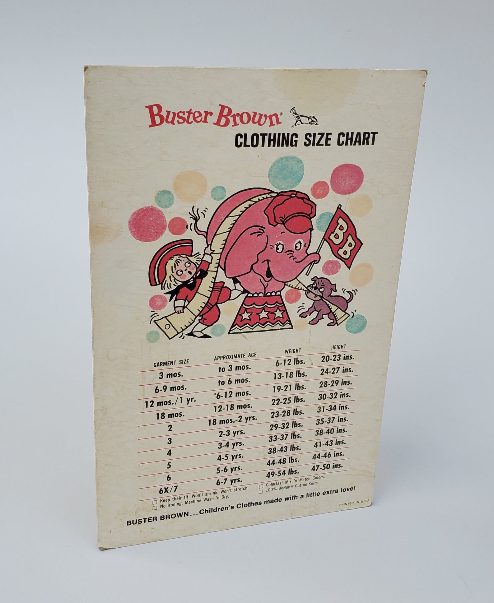 Vintage Buster Brown Children's Clothing Size Chart - Garment Size ...