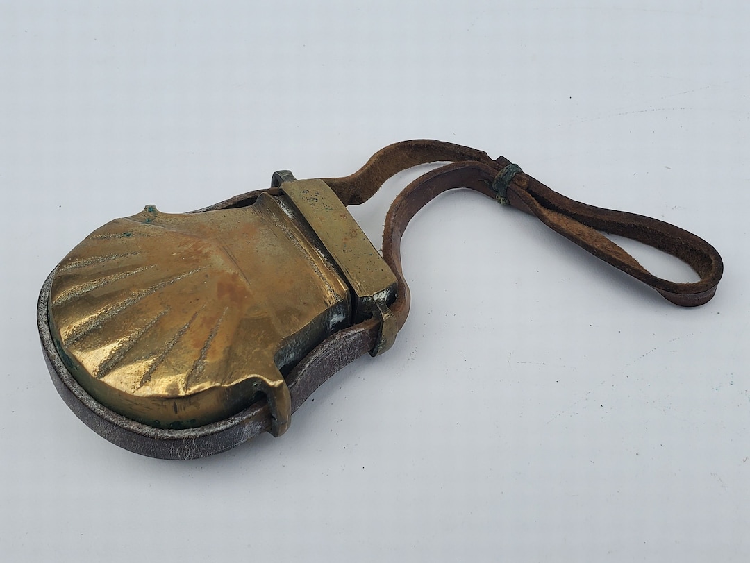 Turkish Ottoman Empire Brass Clam Shell Gun Powder Flask on Leather ...